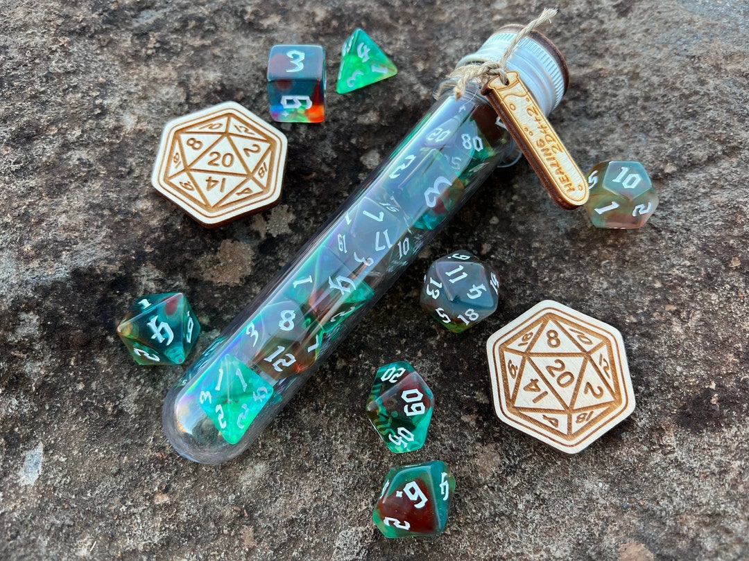 Dnd 7 Dice Set in Potion Flask, leviathan Green Brown D&D Polyhedral Dice Set, Dungeons and ...