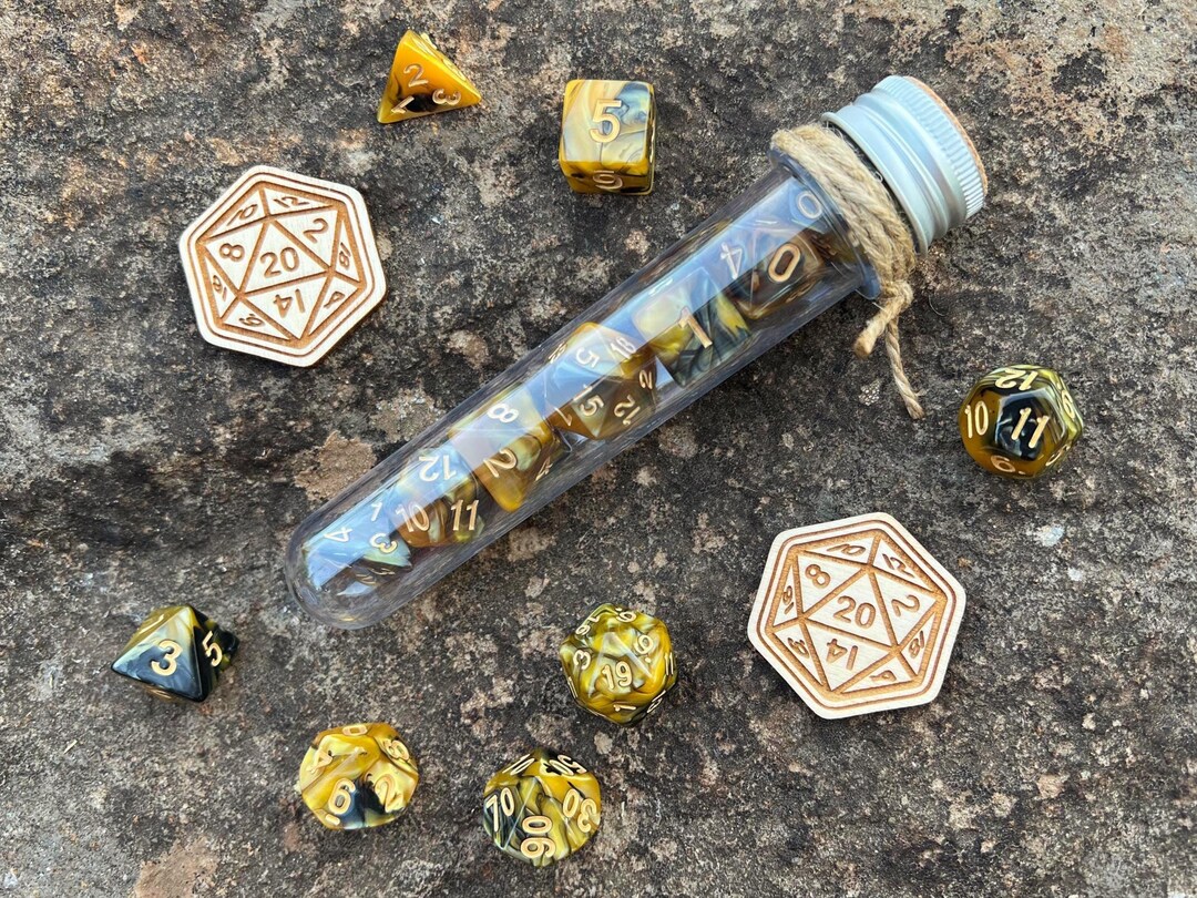 Dnd 7 Dice Set in Potion Flask, "yellow Badger" Yellow Black Gold D&D ...