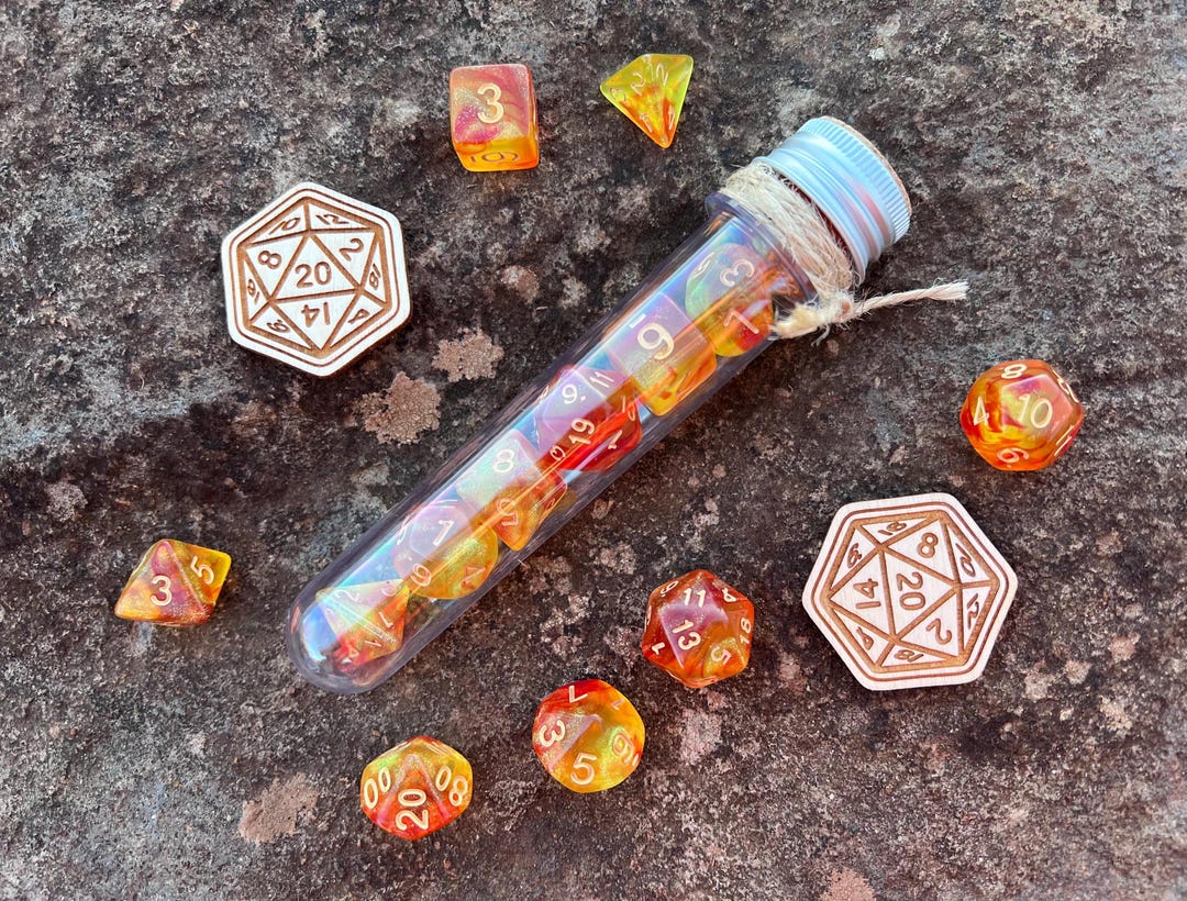 Dnd 7 Dice Set in Potion Flask, "eternal Phoenix" Shimmer Orange Gold D ...