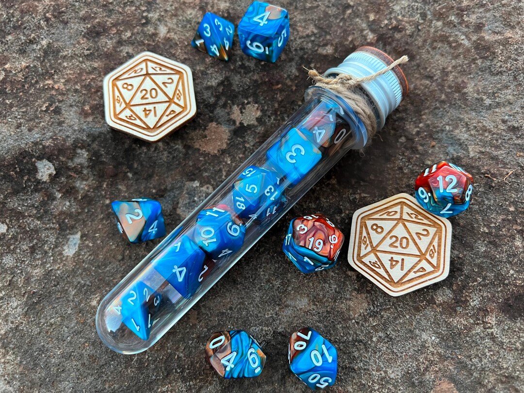 Dnd 7 Dice Set in Potion Flask, "ice and Fire" Blue Brown Orange D&D ...