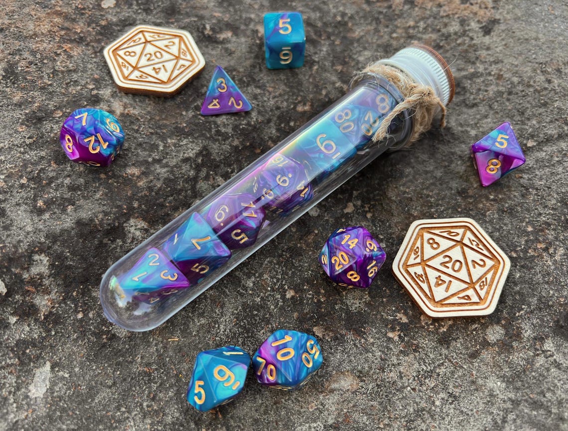 Dnd 7 Dice Set in Potion Flask, "supernova" Turquoise Purple Gold D&D ...