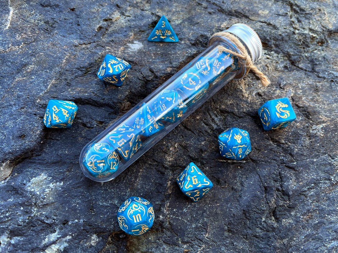 Dnd 7 Dice Set in Potion Flask, "blue Dragon" Blue Yellow D&D ...