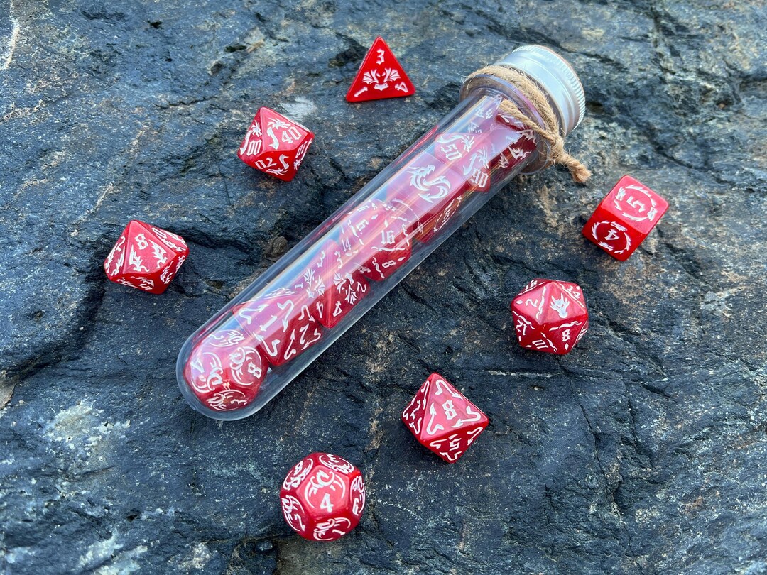 Dnd 7 Dice Set in Potion Flask, "red Dragon" Red White D&D Polyhedral ...