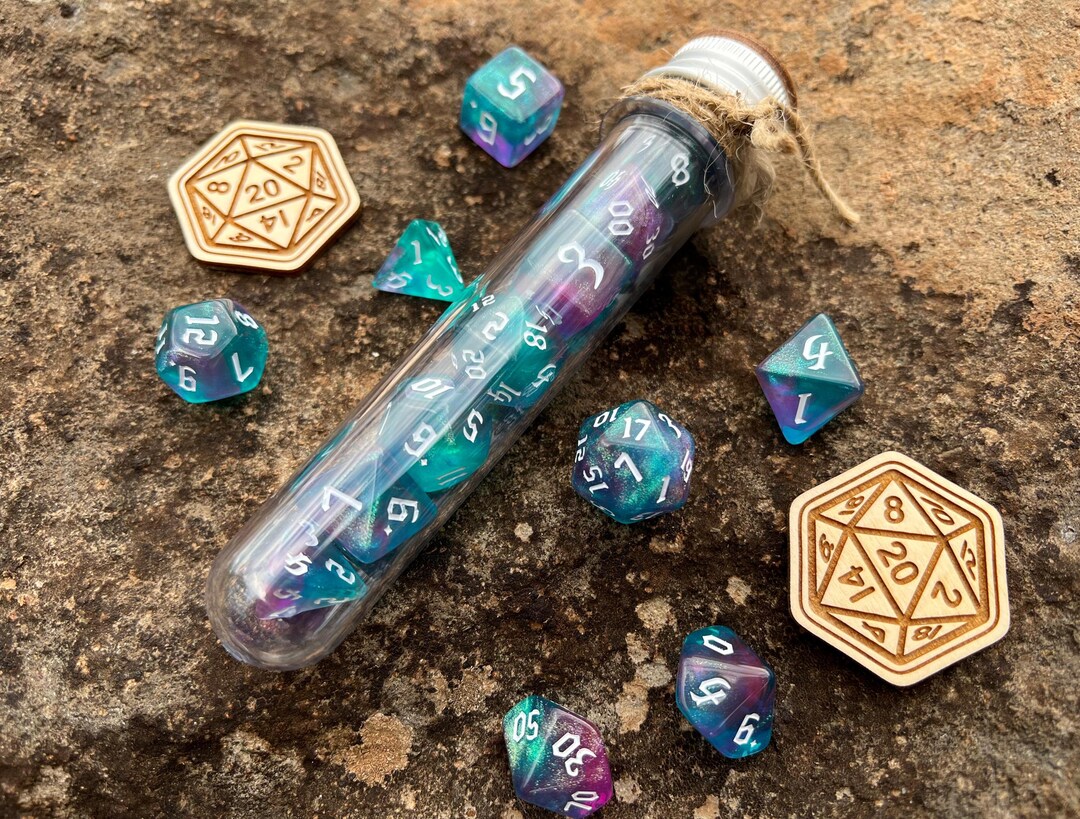 Dnd 7 Dice Set in Potion Flask, "elf Magic" Shimmer Blue Purple D&D ...