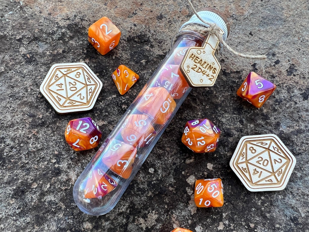 Dnd 7 Dice Set in Potion Flask, dragon Flame Orange Rurple D&D ...