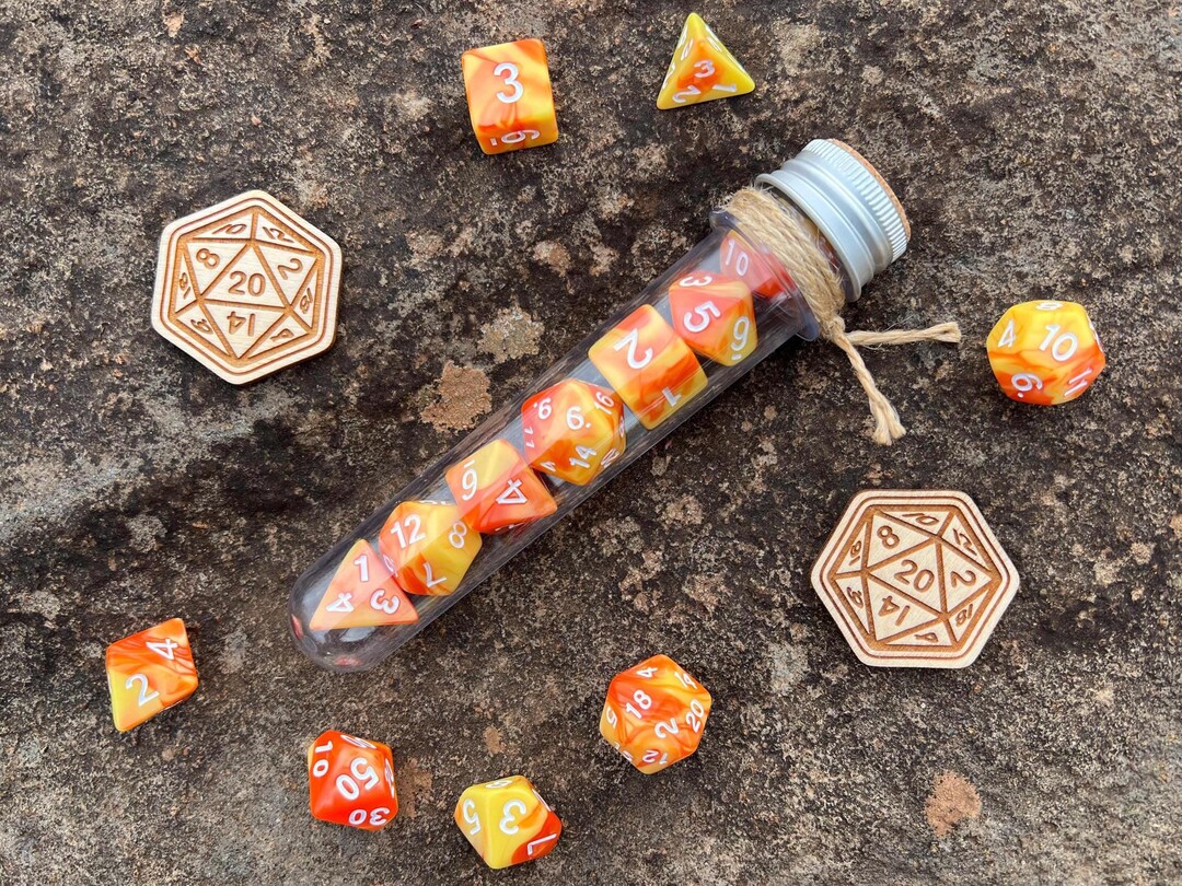 Dnd 7 Dice Set in Potion Flask, "fireball" Orange Yellow White D&D ...