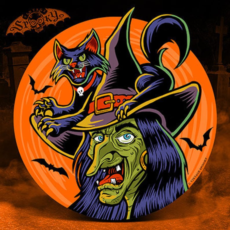 Witch Face Halloween Cutout – Wicked Witch & Laughing Black Cat – 13.5 ...
