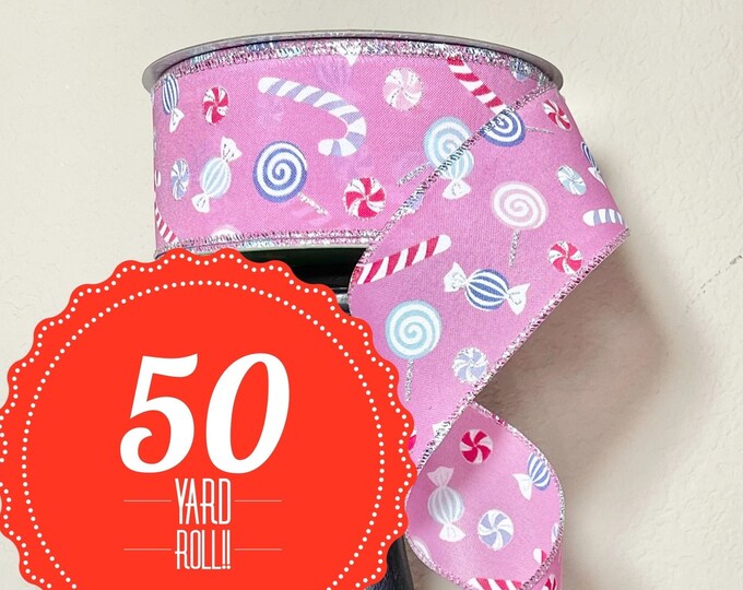 50 Yard Roll Spool - 2.5 Inch Pink Candy With Silver Shimmery Trim ...