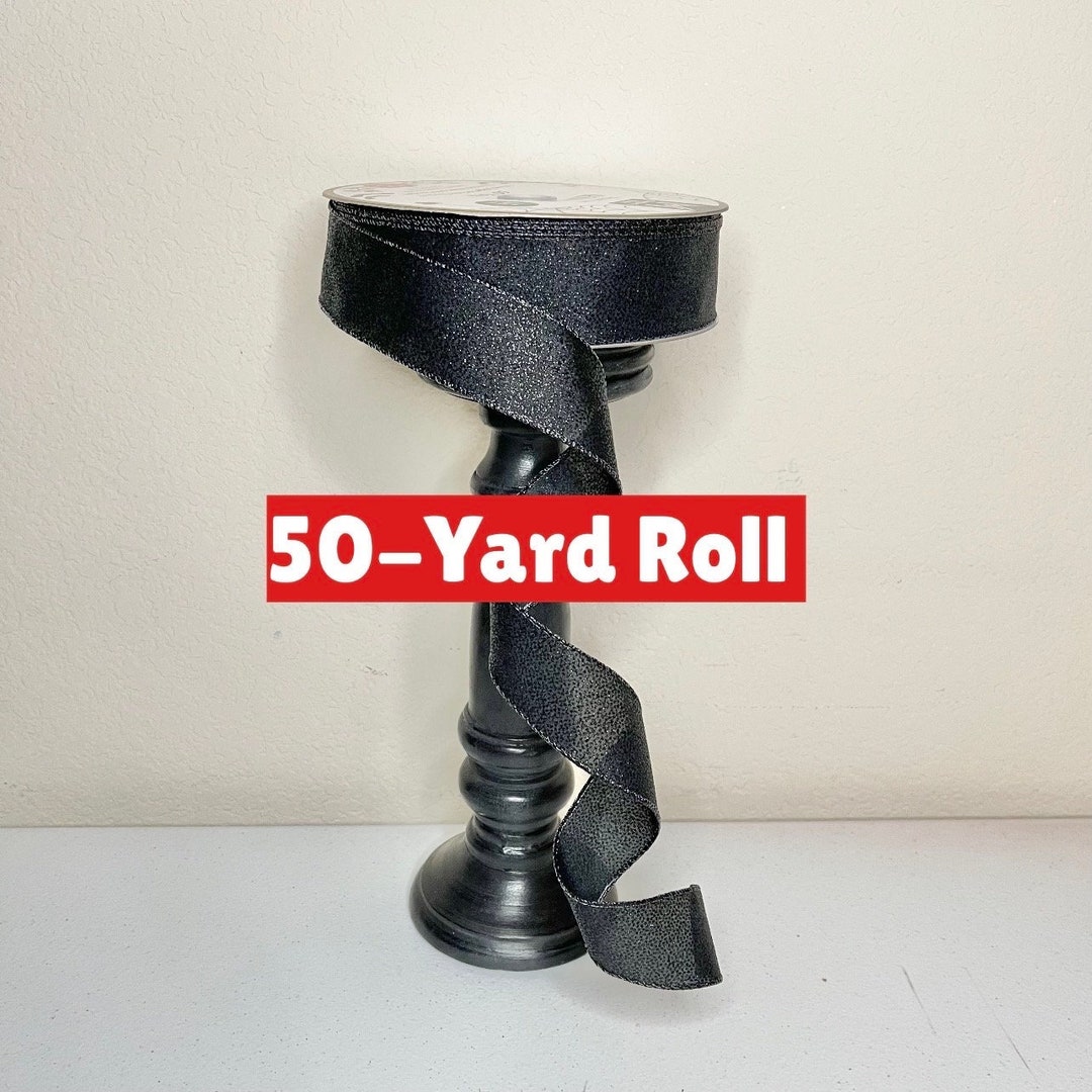 50 Yard Roll Spool - 1.5 Inch Solid Black Sparkly Glitter Wired Edged ...