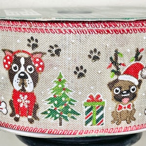 50-yard Wired Christmas Ribbon - Natural Burlap With Festive Puppy Dog ...