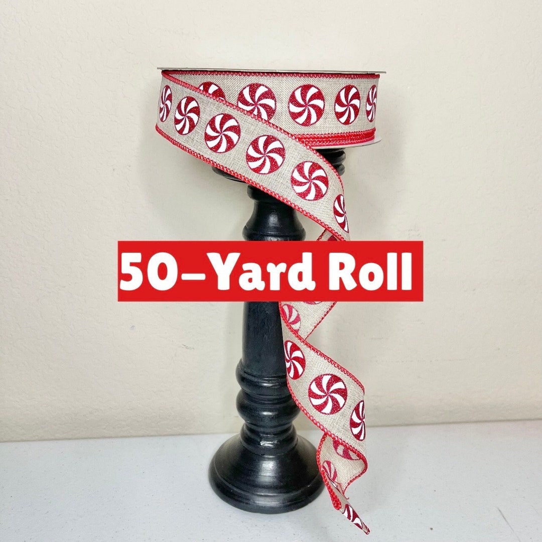 50 Yard Roll Spool - 1.5” Burlap Candy Peppermint With Red Trim and ...