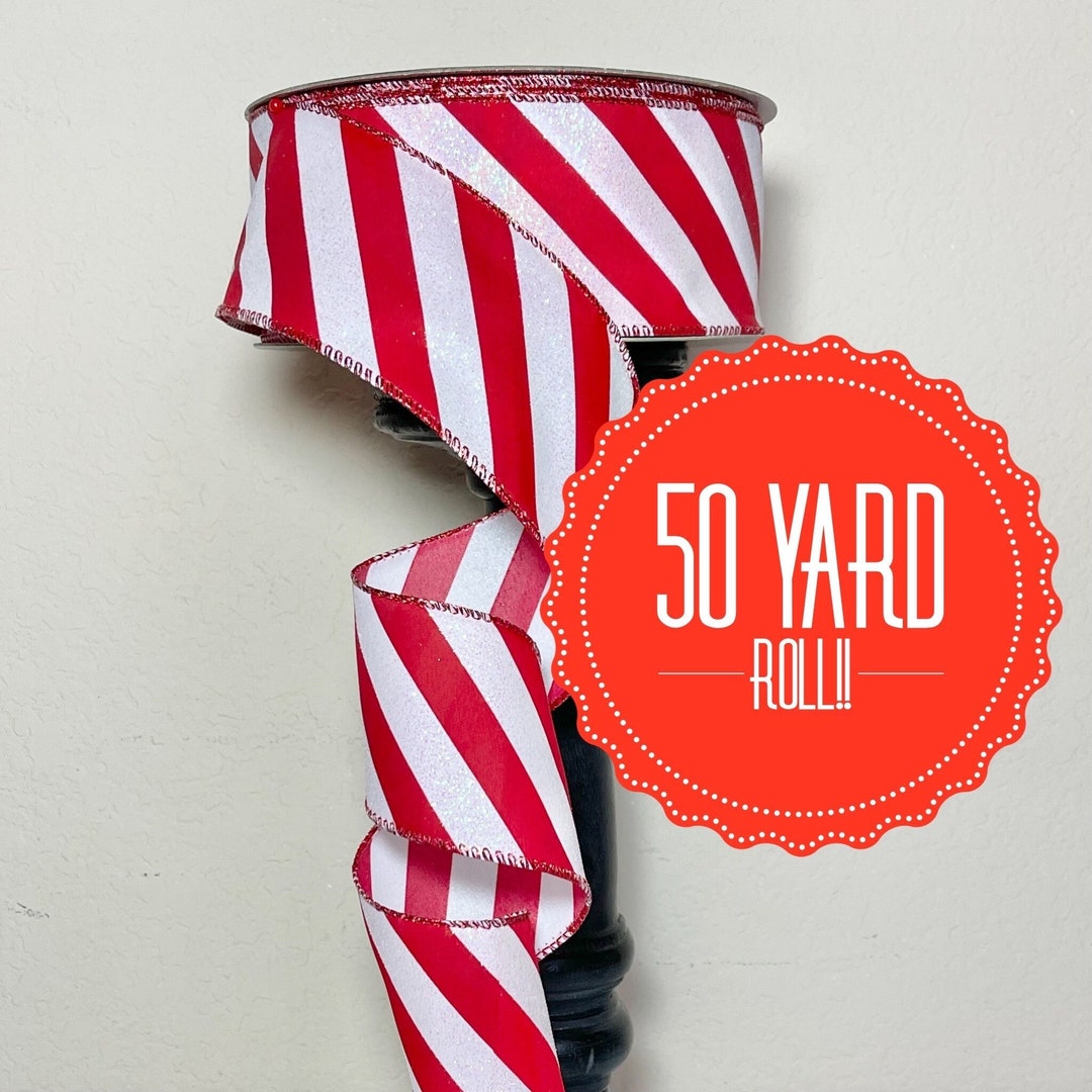50 Yard Roll Spool - 2.5 Inch White and Red Candy Cane Striped Holiday ...
