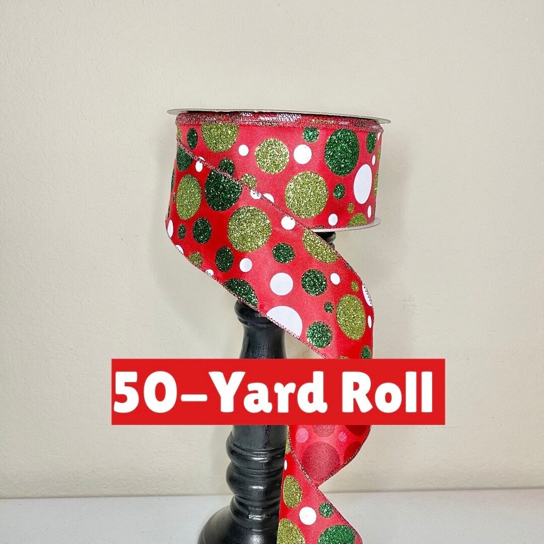 50 Yard Roll - 2.5 Inch Red Green and White Glitter Large Sparkle Polka ...