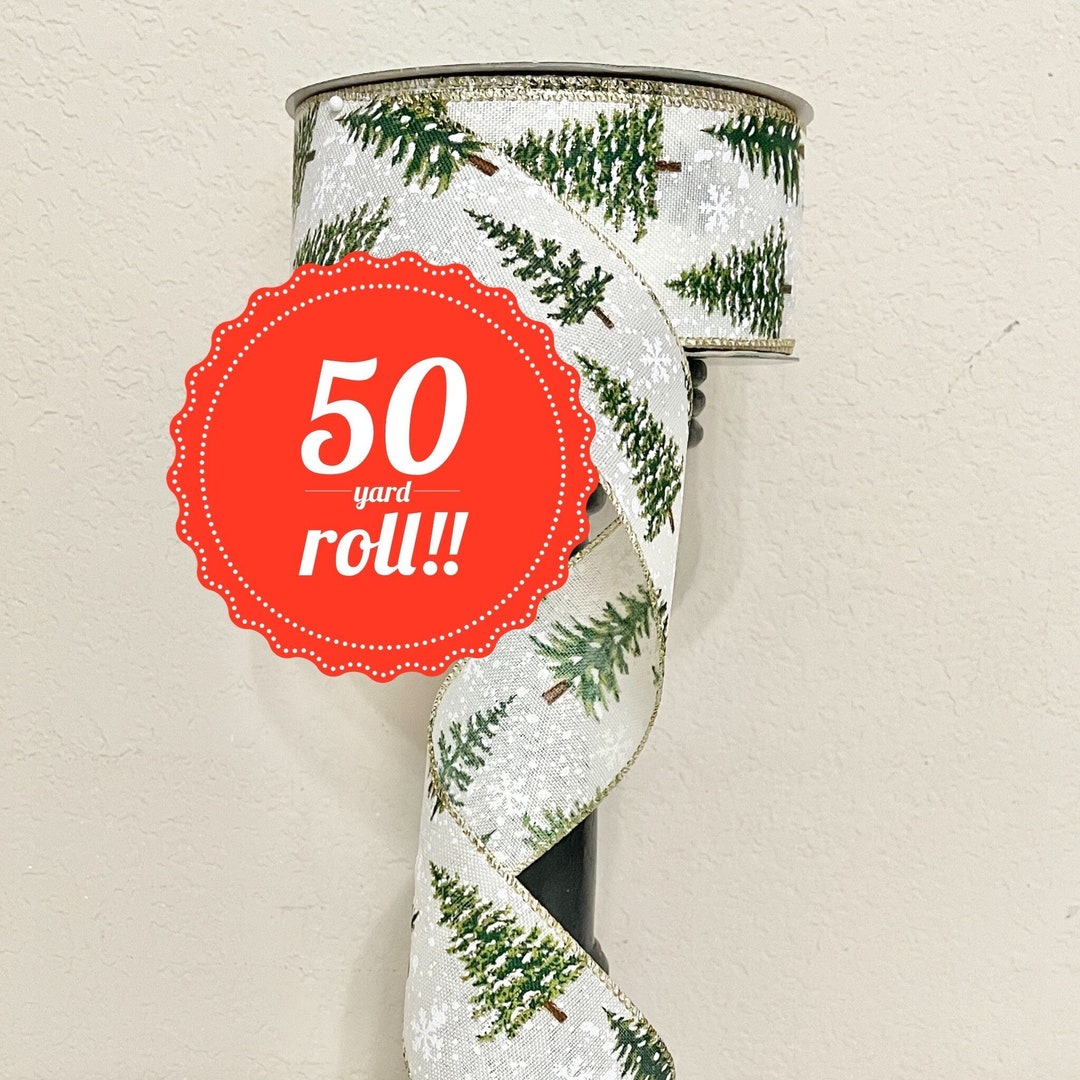 50 Yard Roll Spool - 2.5 Inch Christmas Trees With Snow and Gold Trim ...