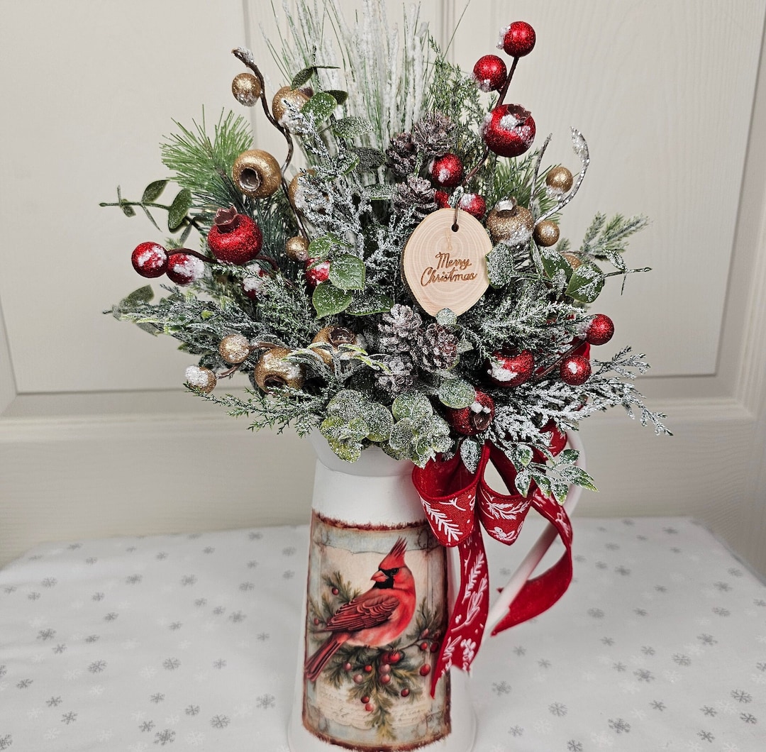Christmas Cardinal Pitcher Arrangement With Festive Red Berries ...