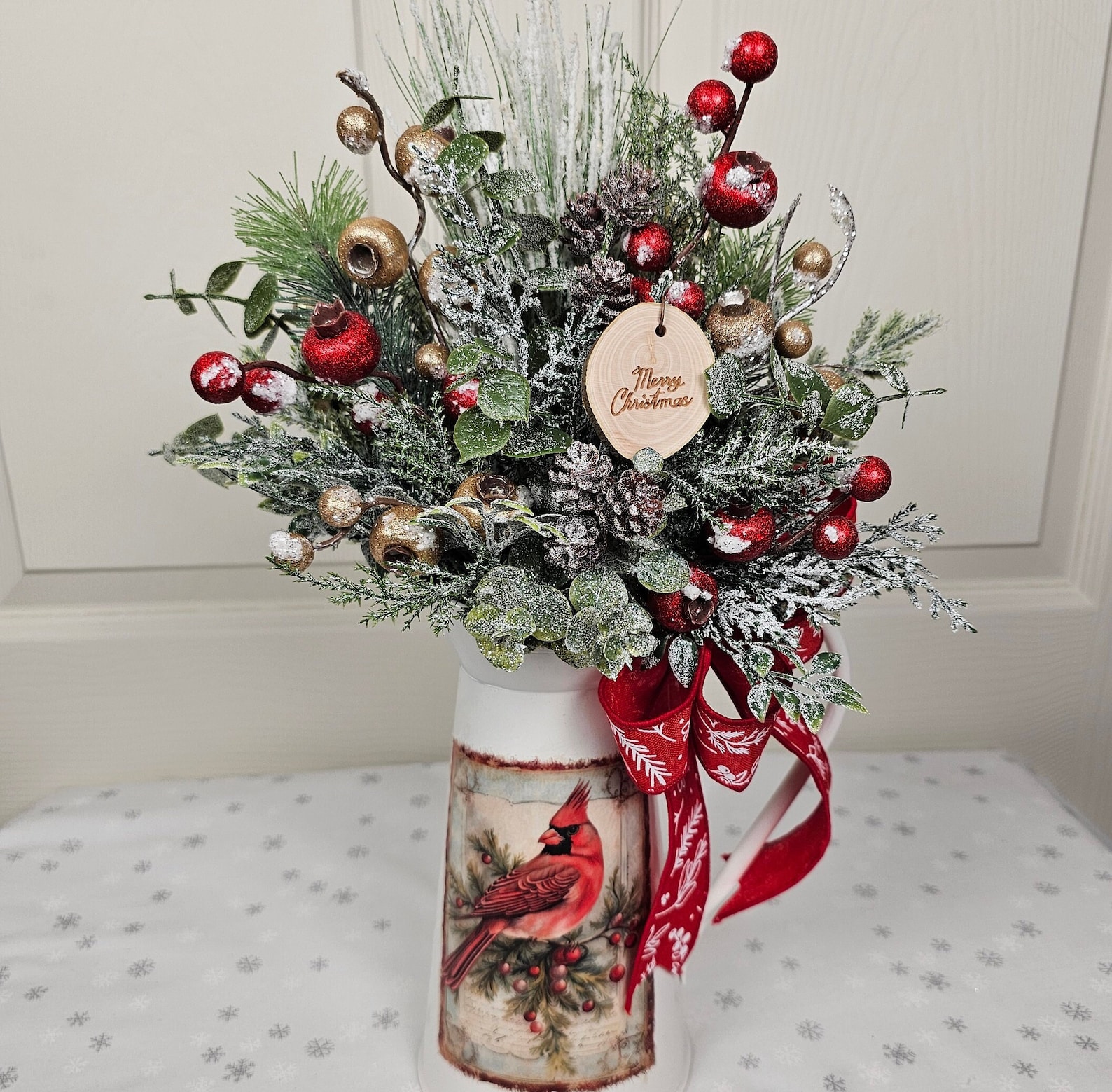 Christmas Cardinal Pitcher Arrangement With Festive Red Berries ...