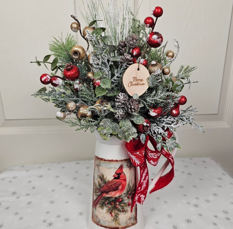 Christmas Cardinal Pitcher Arrangement With Festive Red Berries ...