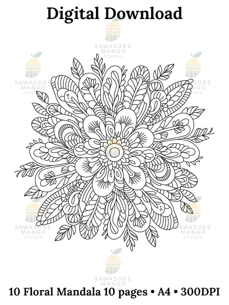 10 Floral Mandala Coloring Pages: Fine Line Art for Adults (A4 Digital ...