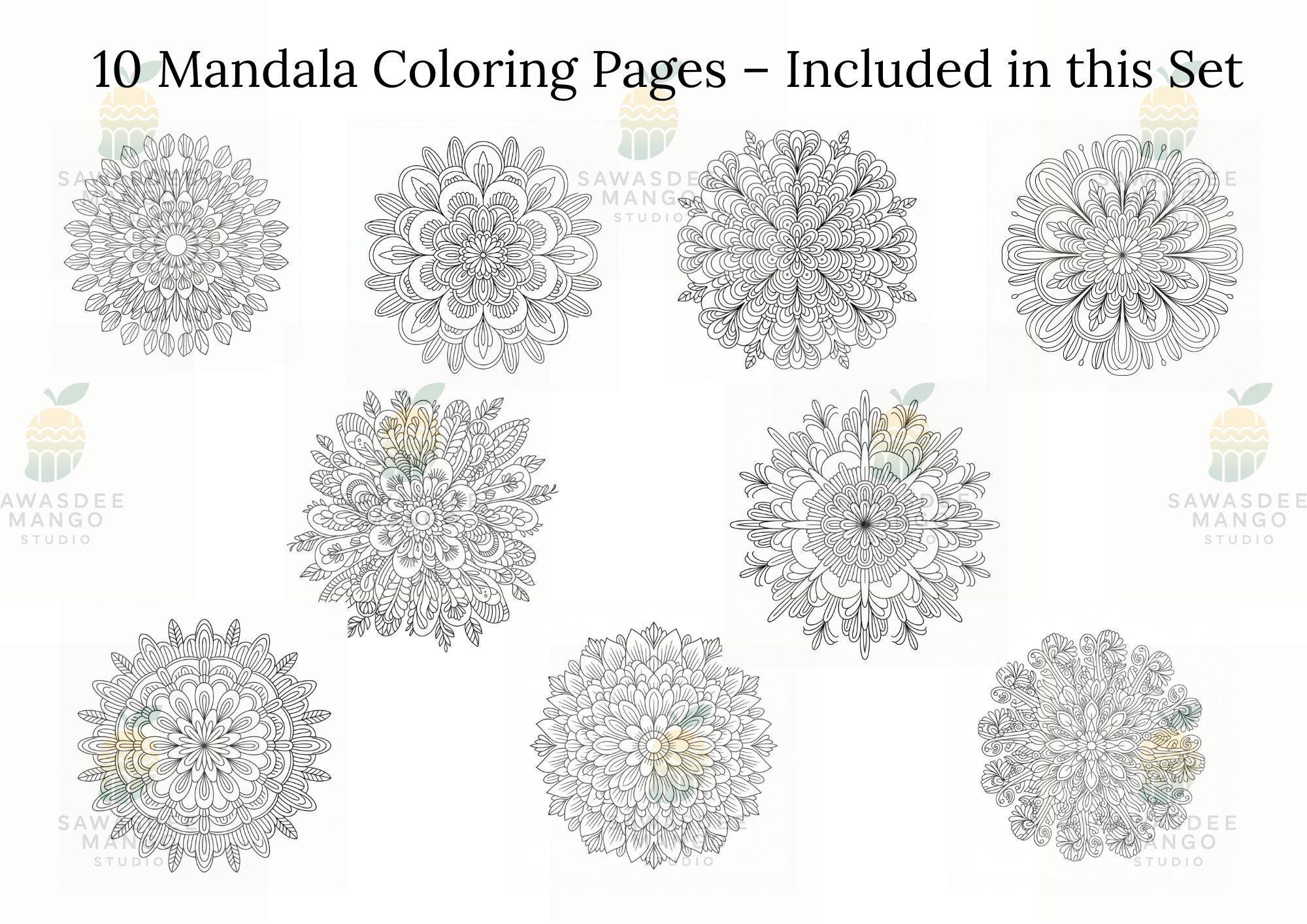 10 Floral Mandala Coloring Pages: Fine Line Art for Adults (A4 Digital ...