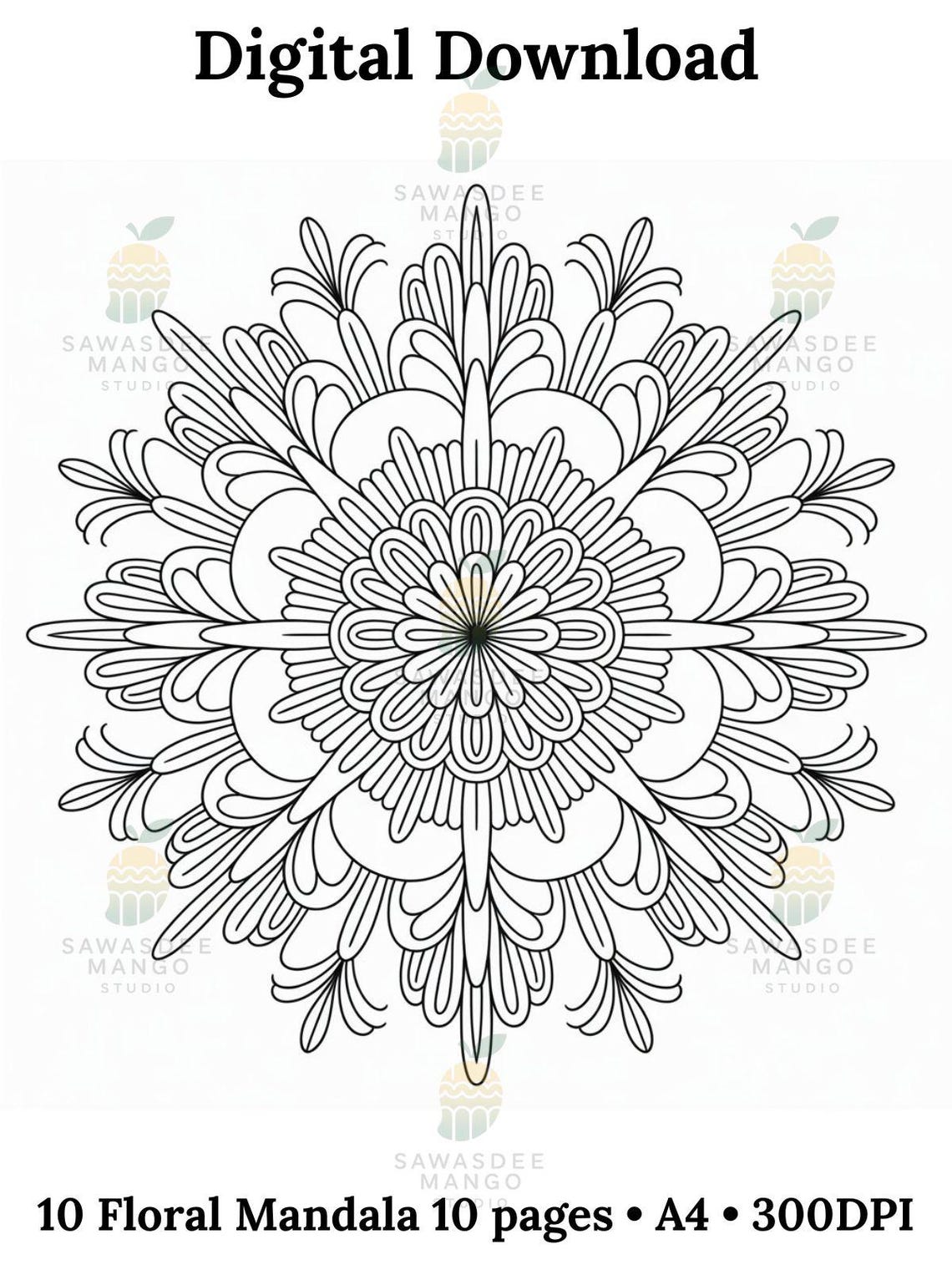 10 Floral Mandala Coloring Pages: Fine Line Art for Adults (A4 Digital ...