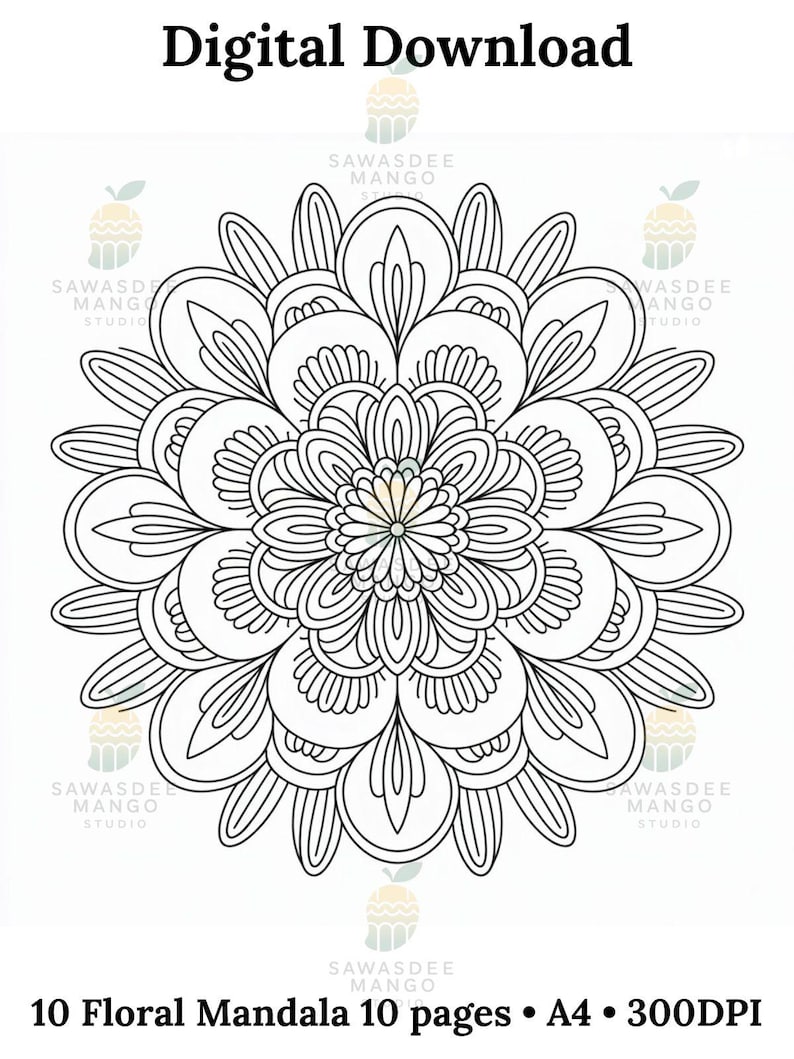 10 Floral Mandala Coloring Pages: Fine Line Art for Adults (A4 Digital ...