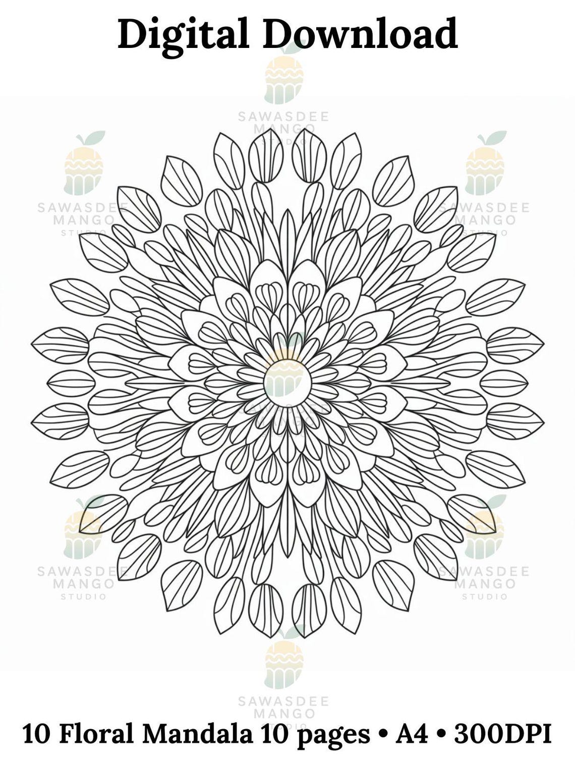10 Floral Mandala Coloring Pages: Fine Line Art for Adults (A4 Digital ...