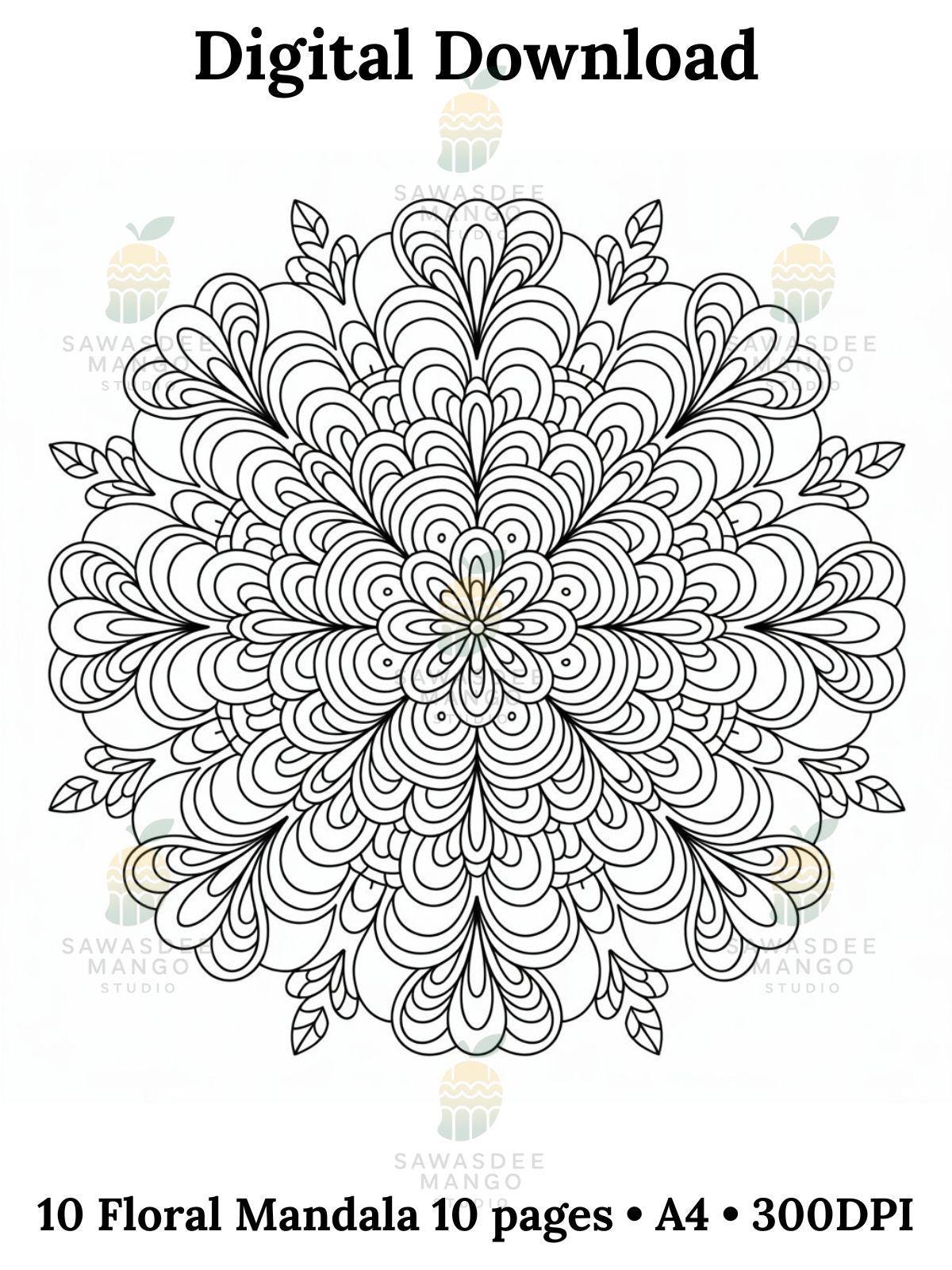 10 Floral Mandala Coloring Pages: Fine Line Art for Adults (A4 Digital ...