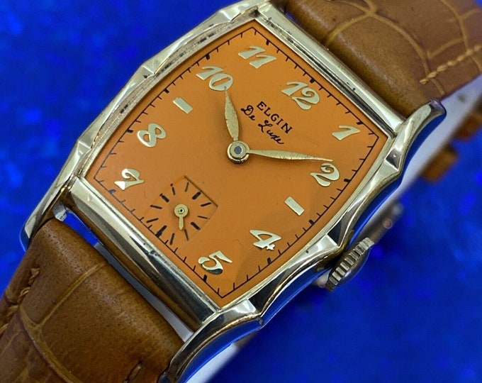 Vintage 1950’s Man’s ELGIN De Luxe Stunning Orange Dial Fully Serviced ...