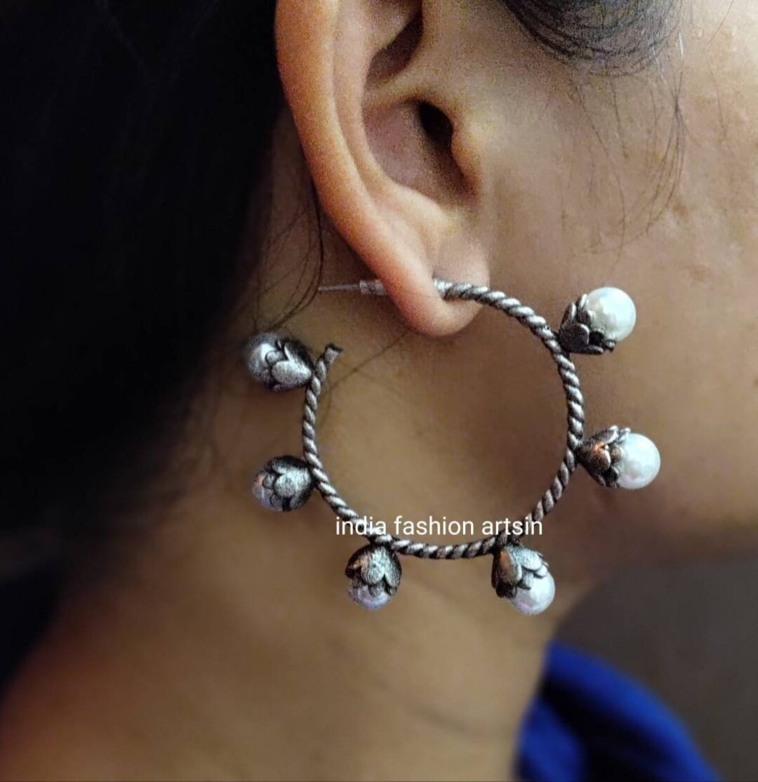 Handmade Oxidized Brass Chandbali Earrings: Ethnic Pearl Bali - Etsy