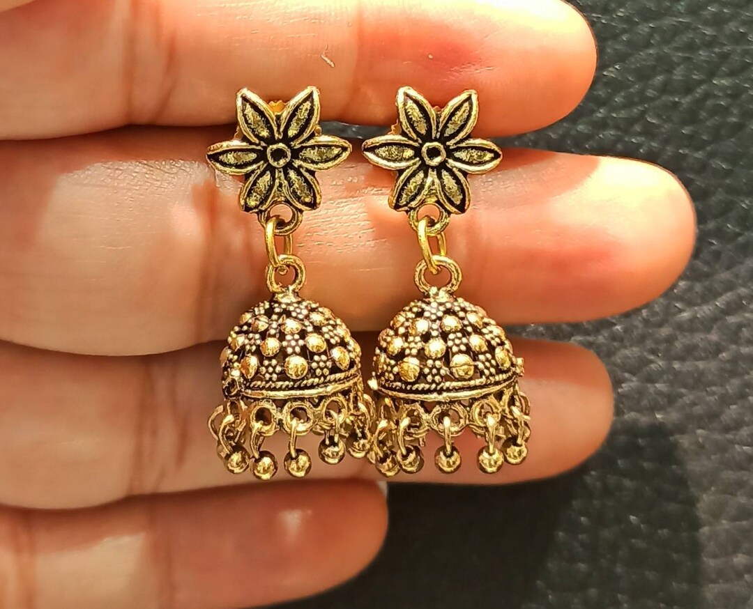 Oxidized Golden Jhumka Earrings: Small Copper Alloy, Traditional Indian ...
