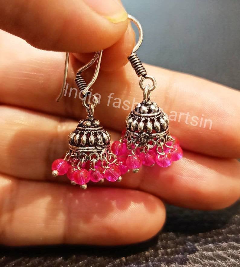 Small Jhumkas Earringsoxidized Silver-pink - Etsy India