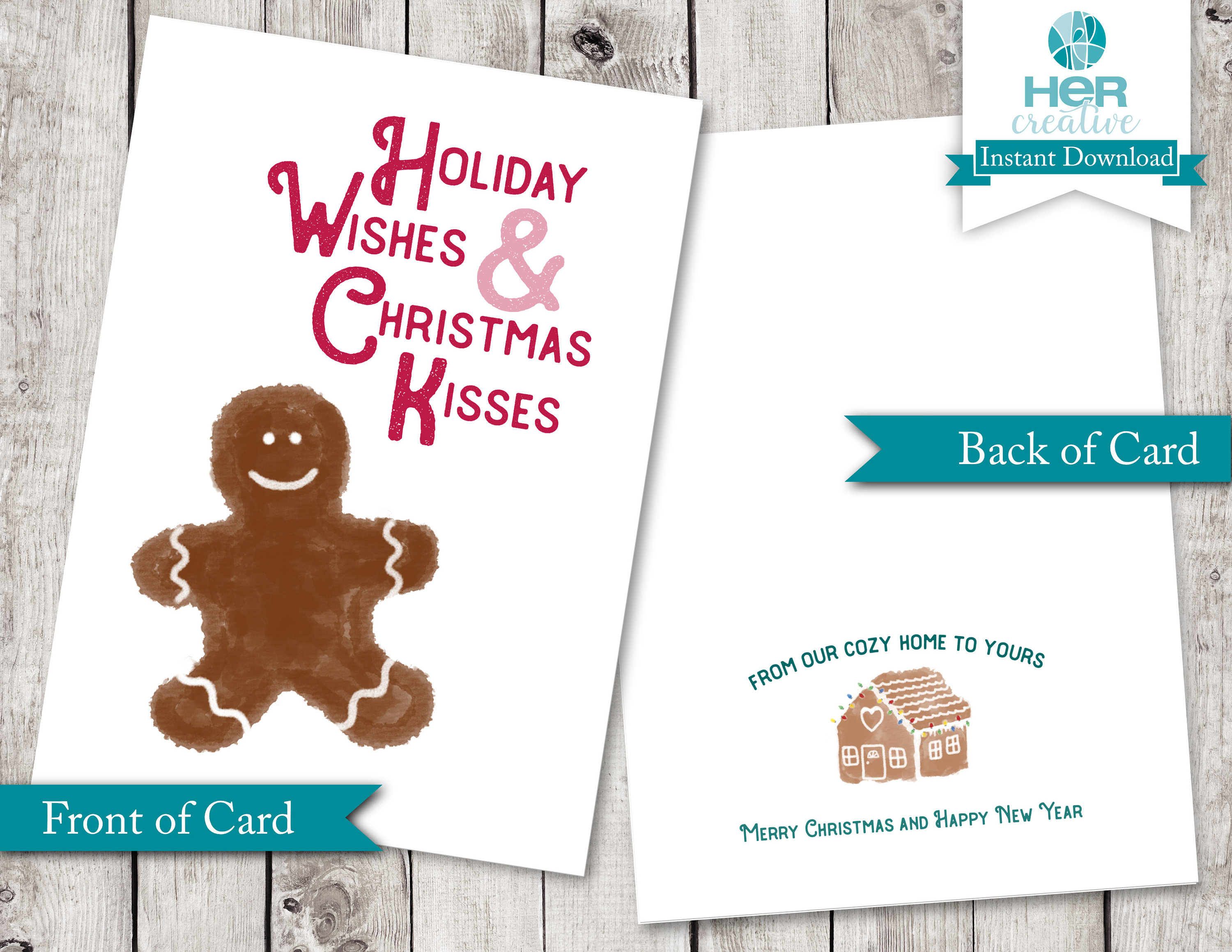 Gingerbread Man Christmas Card, INSTANT DIGITAL DOWNLOAD, Watercolour ...