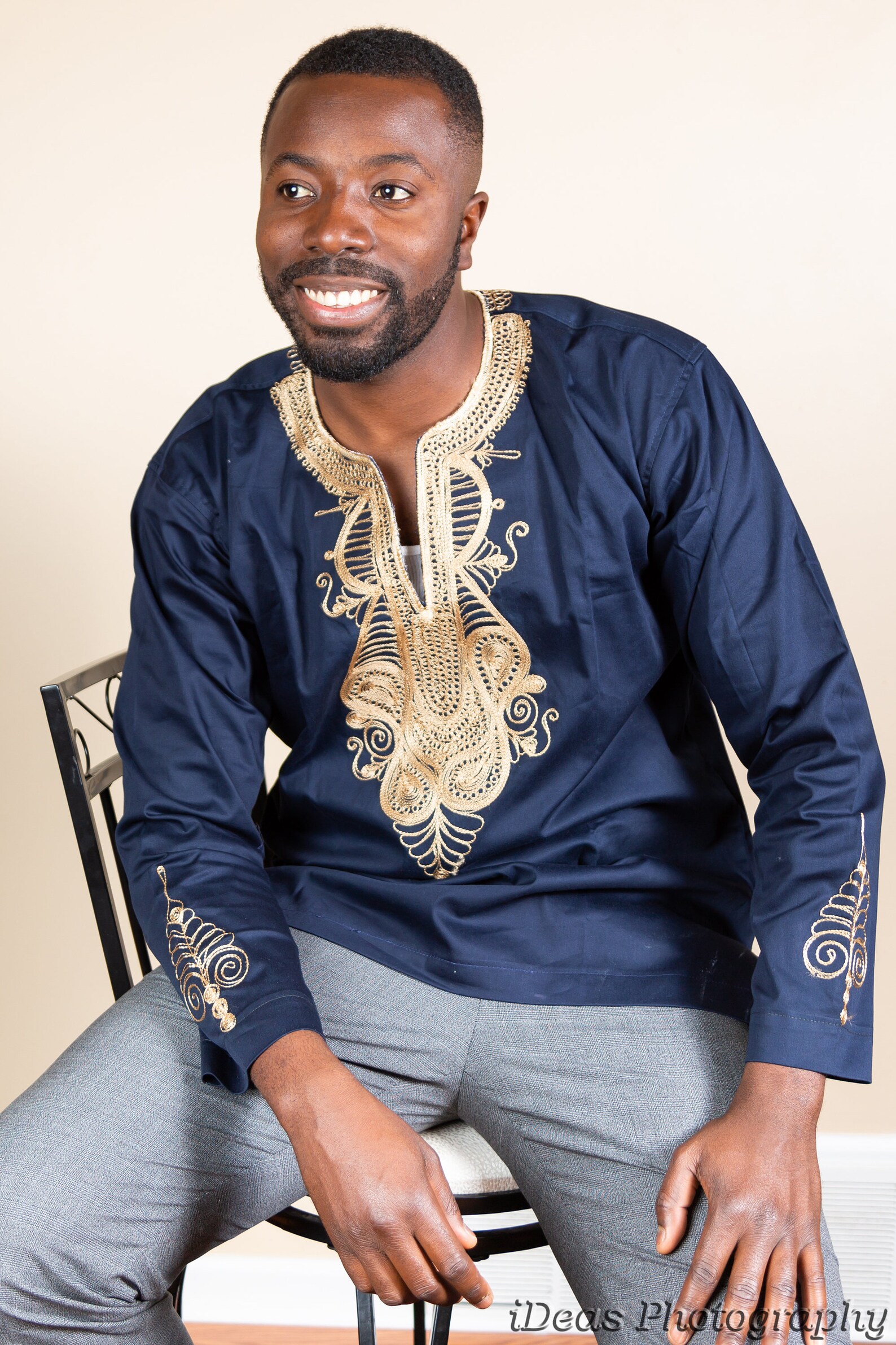 African Clothing, Navy Blue Brown Embroidery Men Wear, Embroidery ...