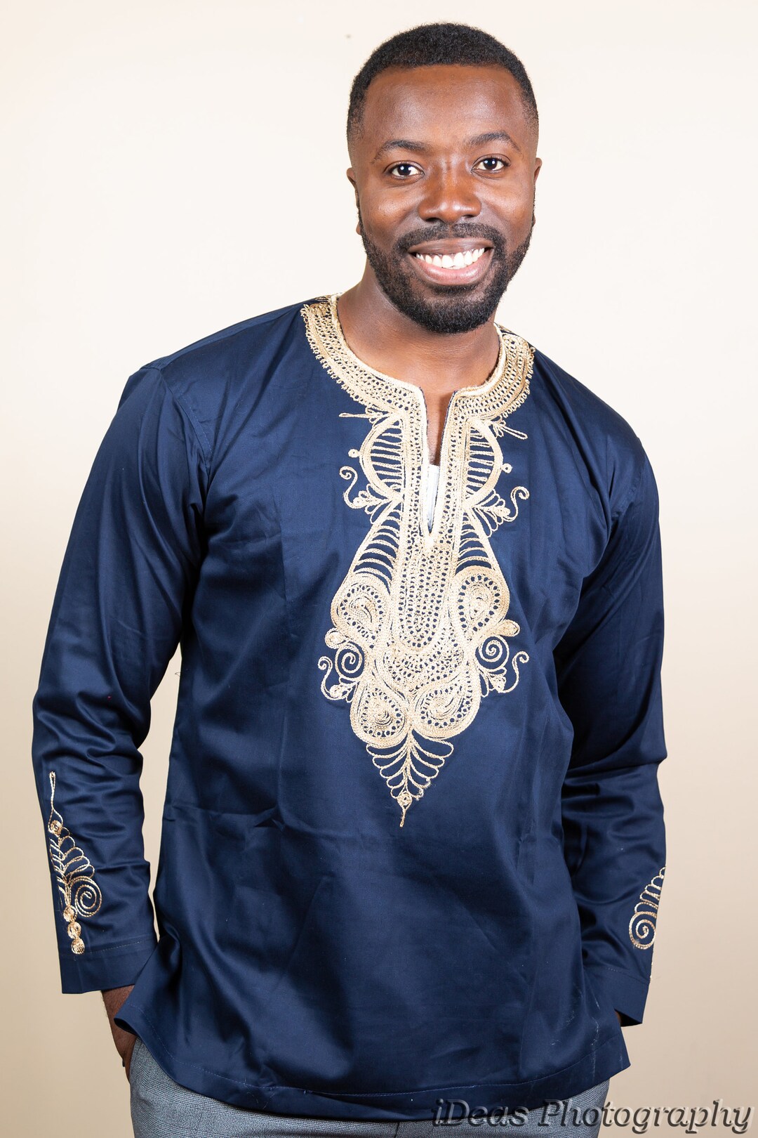 African Clothing, Navy Blue Brown Embroidery Men Wear, Embroidery ...