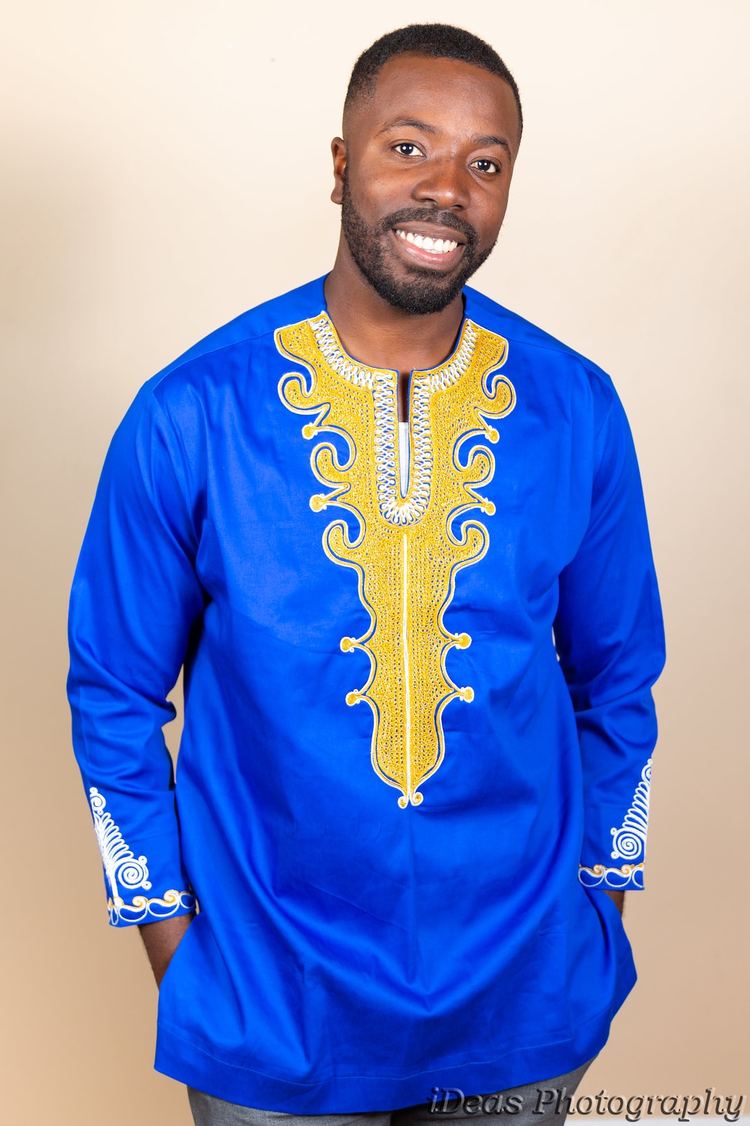 African Clothing, Blue With Gold Embroidery Men Wear, Embroidery ...