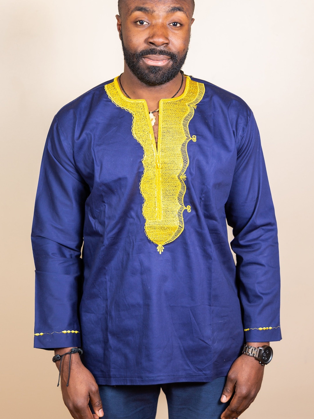 African Clothing, Navy Blue Gold Embroidery Men Wear, Embroidery ...