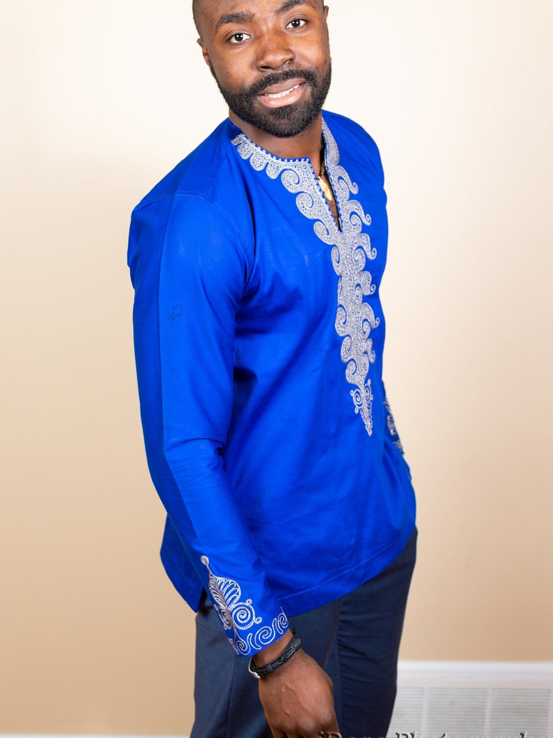 Kojo-african Clothing Blue With Sliver Embroidery - Etsy