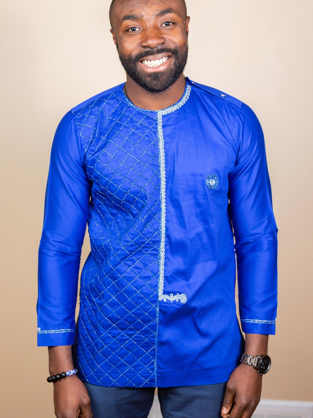 African Clothing, Blue With Sliver Embroidery Men Wear, Embroidery ...