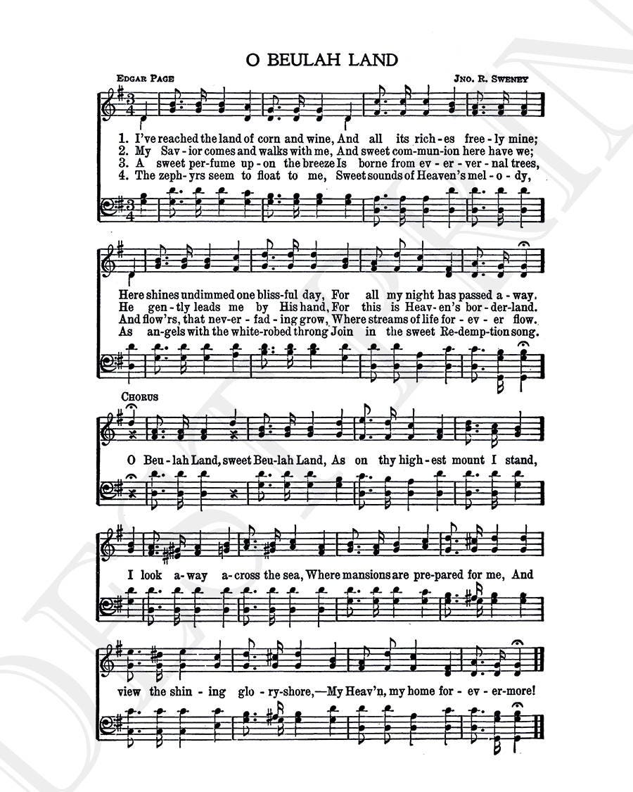 O Beulah Land Hymn Lyrics Hymnal Sheet Sheet Music Home Decor ...
