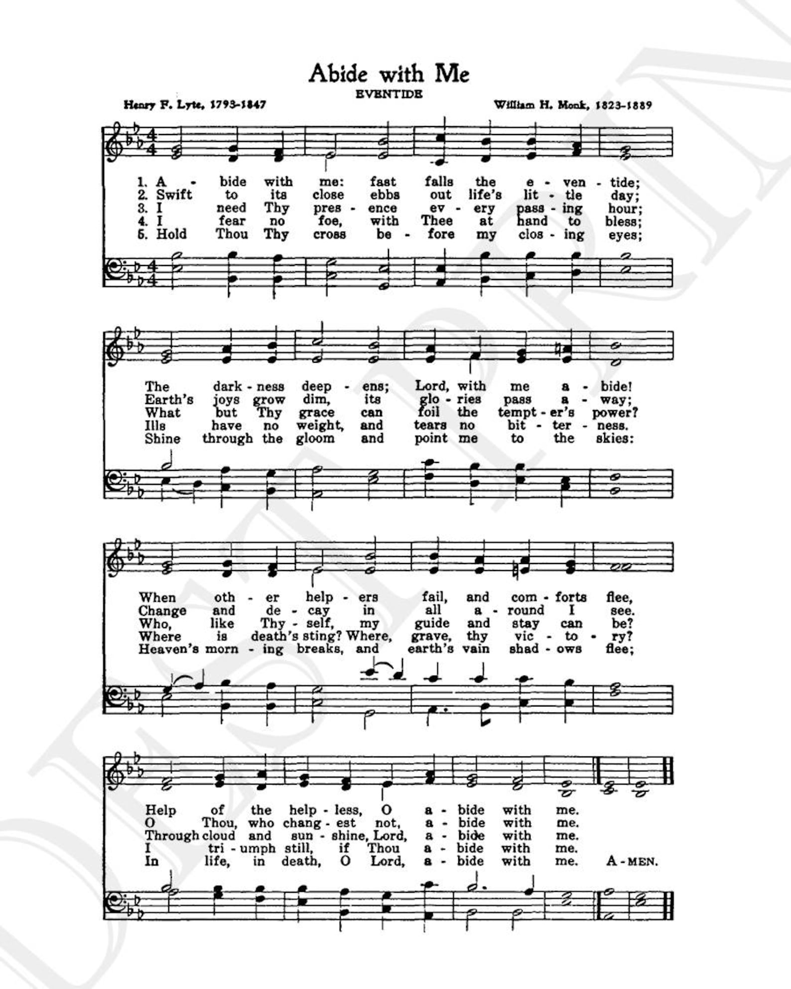 Abide With Me Hymn Lyrics - Hymnal Sheet - Sheet Music- Home Decor ...