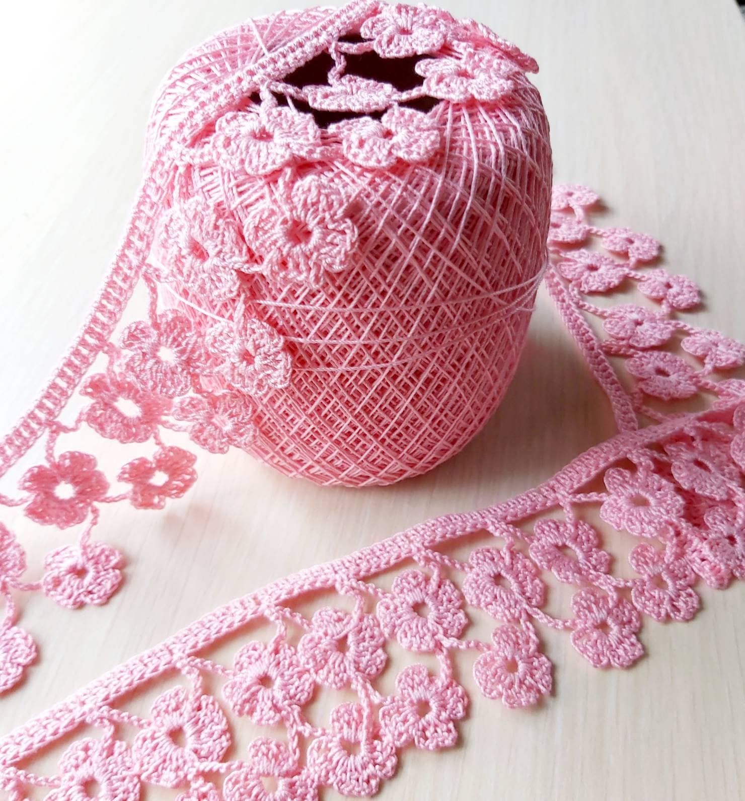 Crochet Pink Flowers Lace Trim, Handmade Pink Flowers Ribbon, Crochet ...