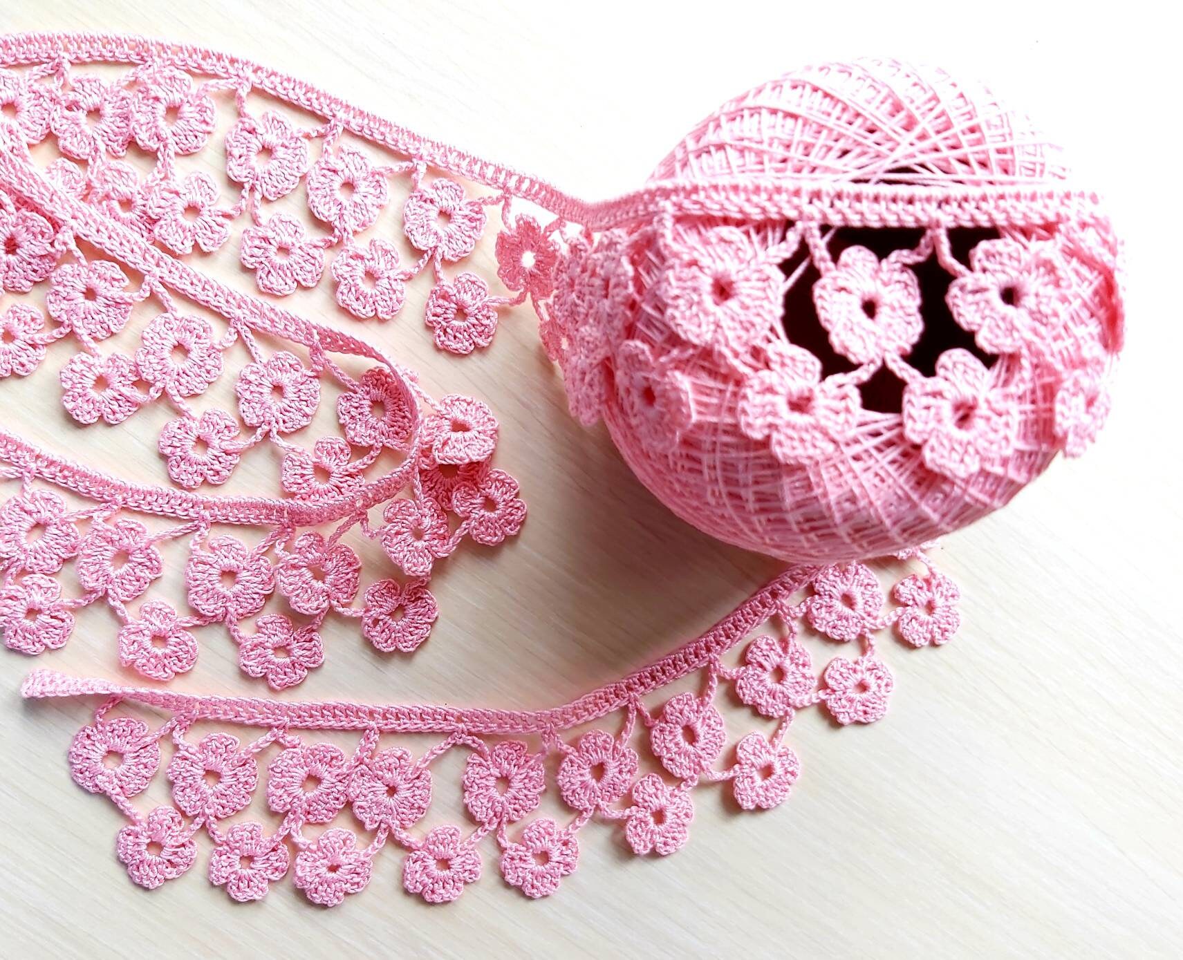 Crochet Pink Flowers Lace Trim, Handmade Pink Flowers Ribbon, Crochet ...