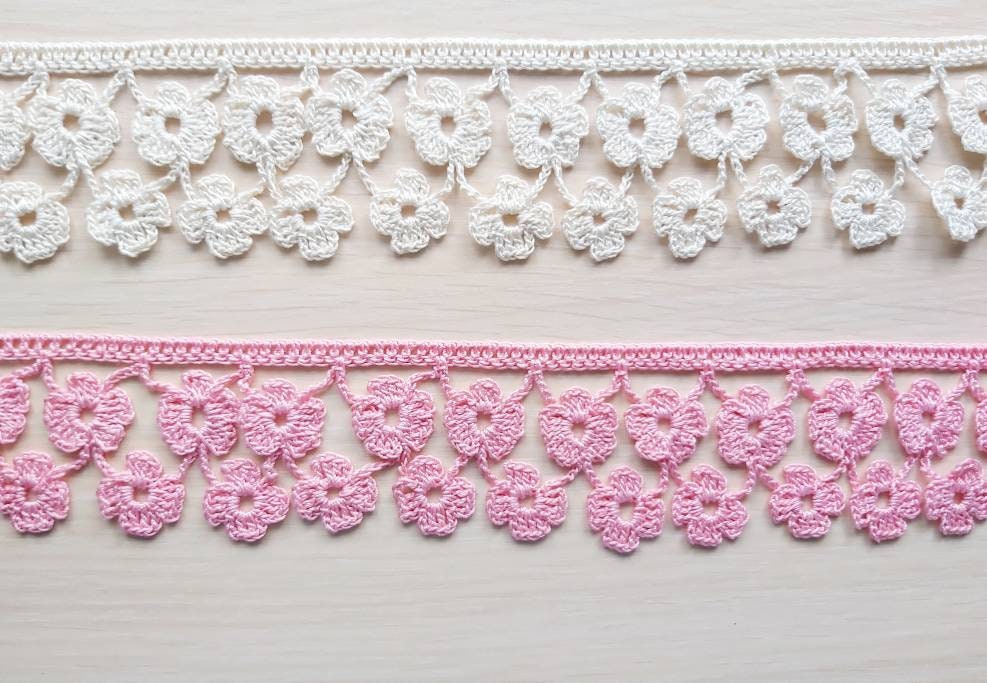 Crochet Pink Flowers Lace Trim, Handmade Pink Flowers Ribbon, Crochet ...