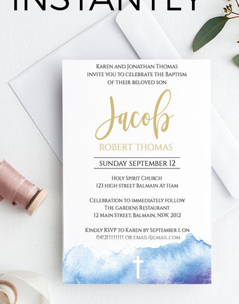 Boy christening invitations editable baptism invitation boy | Etsy