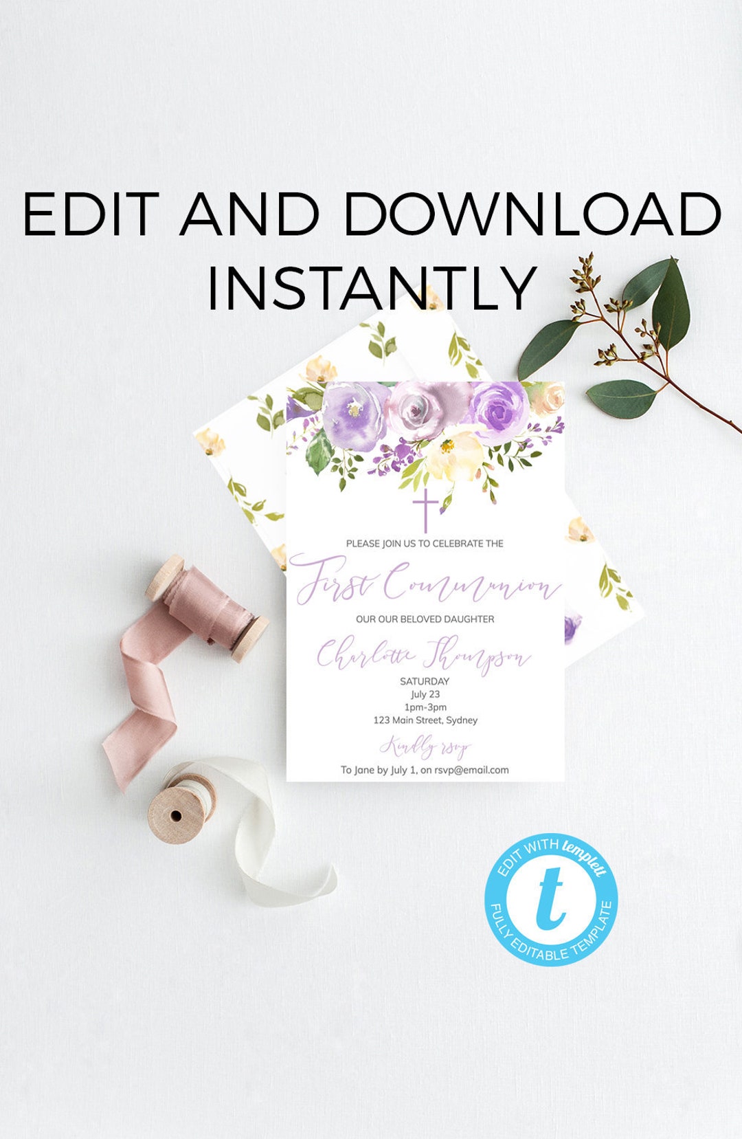 Communion Invitations Girl, First Communion Invitation Girl, Lavender ...