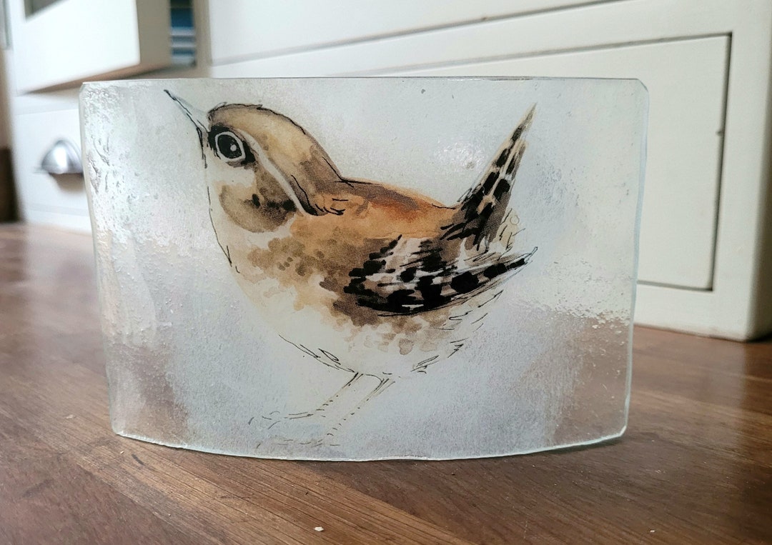 Stained Glass Wren Painted Fused Slumped Glass Bird Candle Curved Birds ...