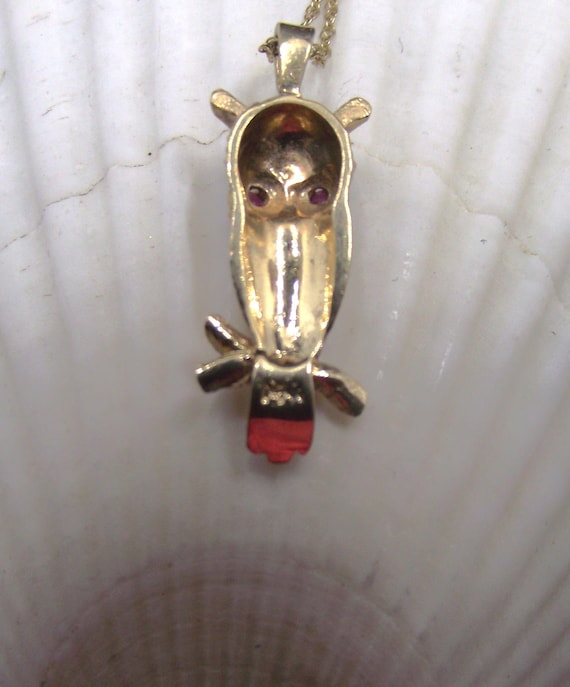 14K Solid Gold Owl with Ruby Eyes pendant with 10K Go… - Gem