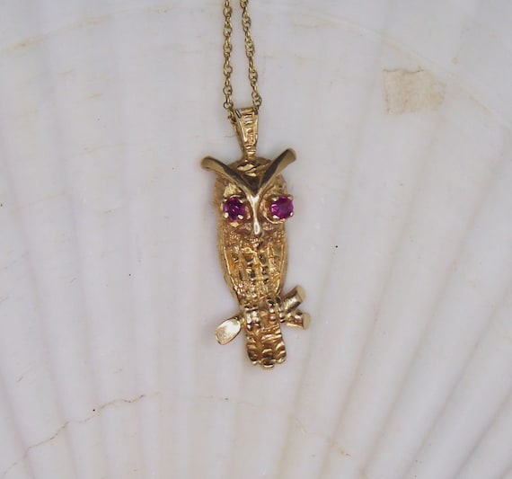 14K Solid Gold Owl with Ruby Eyes pendant with 10K Go… - Gem