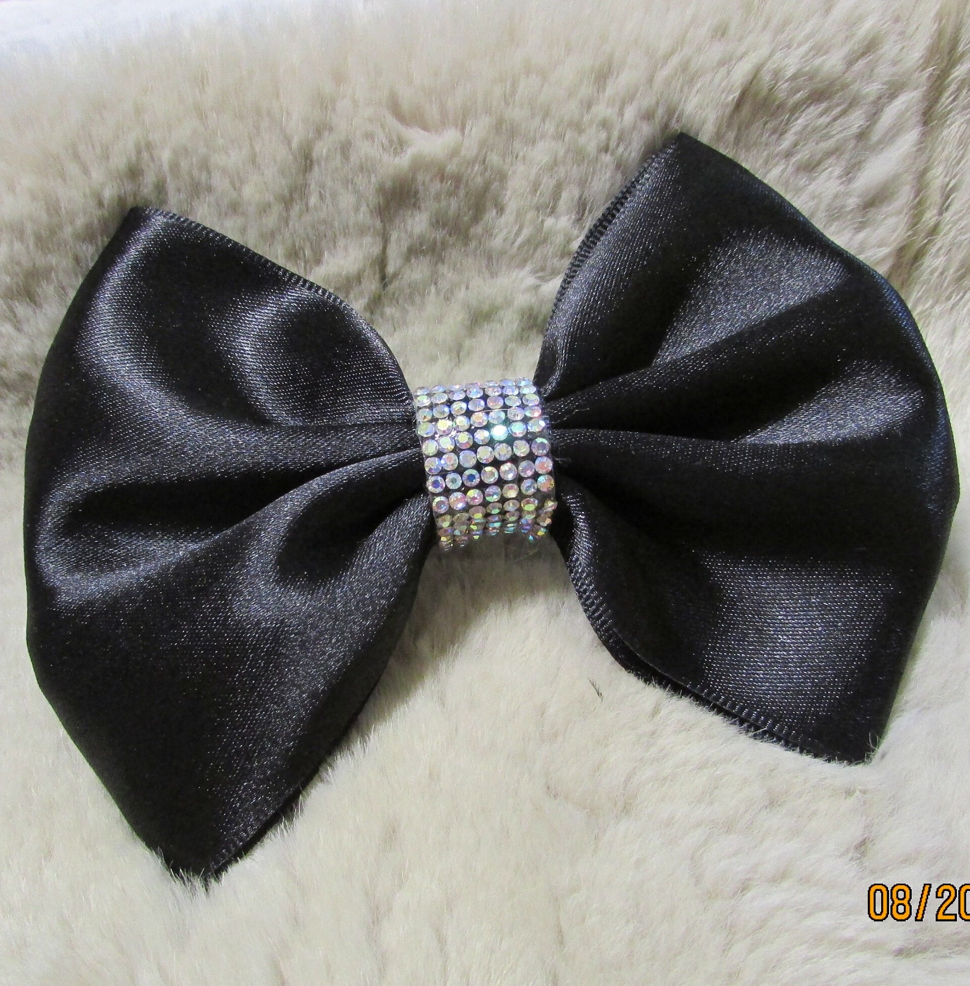 Large Black Satin Hair Bow Rhinestone Bling - Etsy