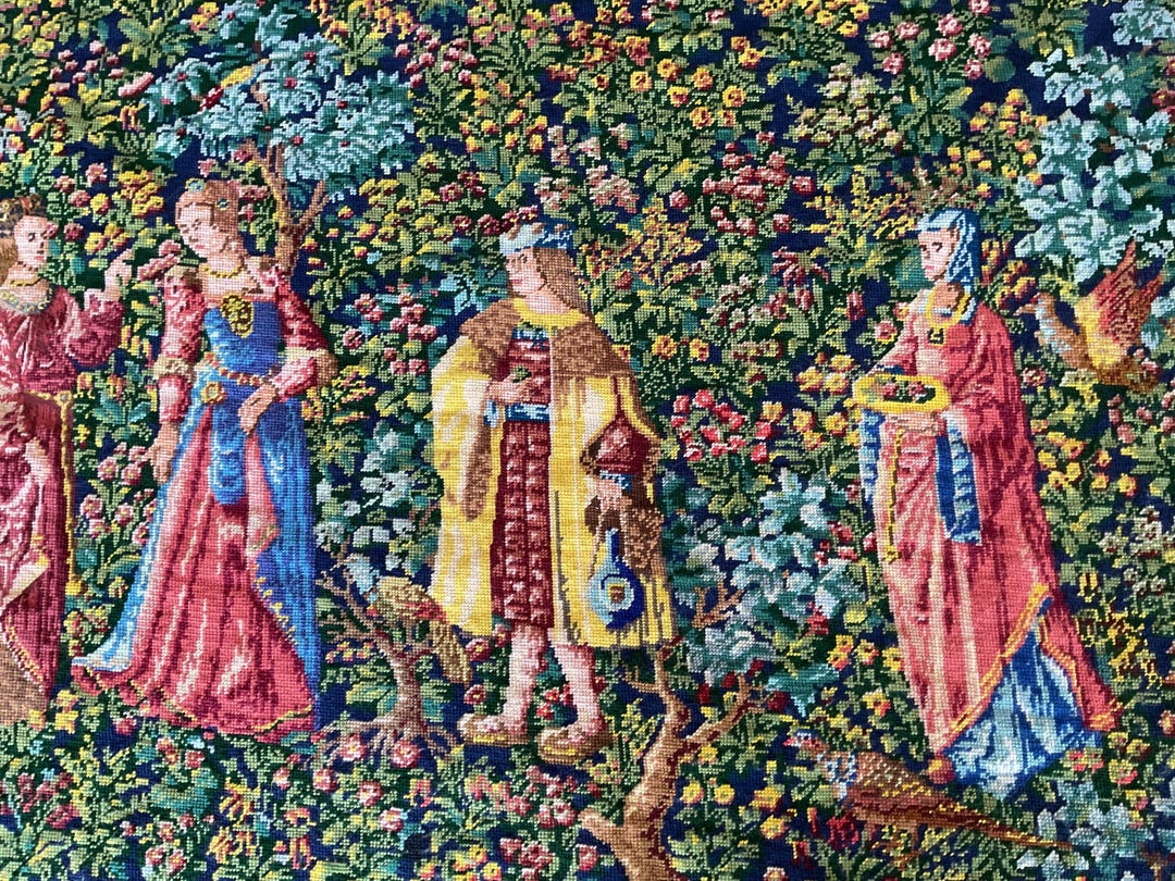 Large Completed Vintage Needlepoint Gobelin Canvas Medieval Scenery ...